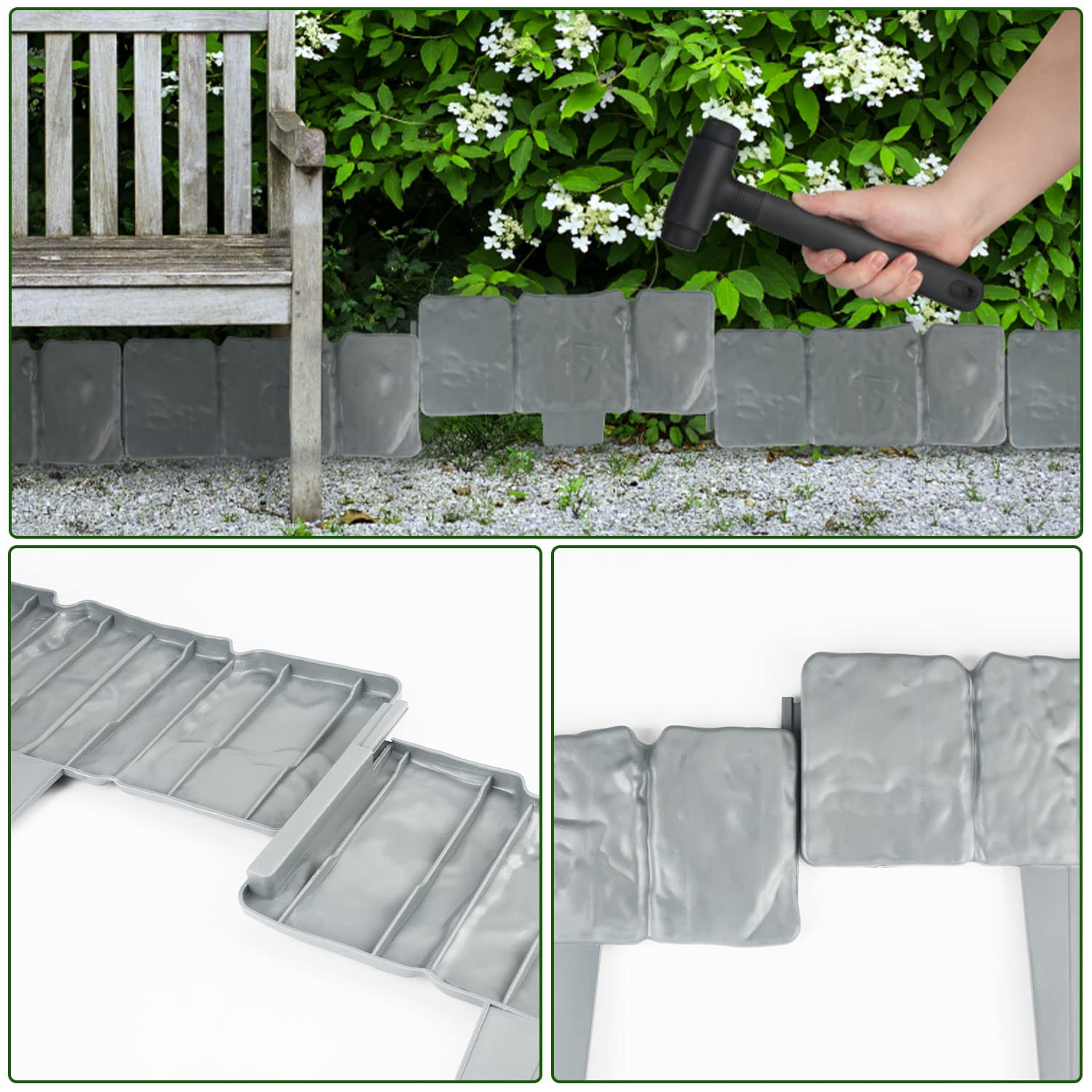 Garden Edging Border, 24.5ft Landscape Edging Border for Flower Bed, 30PCS no dig Landscape Edging DIY Plastic Faux Stone Edging for Garden Flowerbed Sidewalk Landscape (Gray)