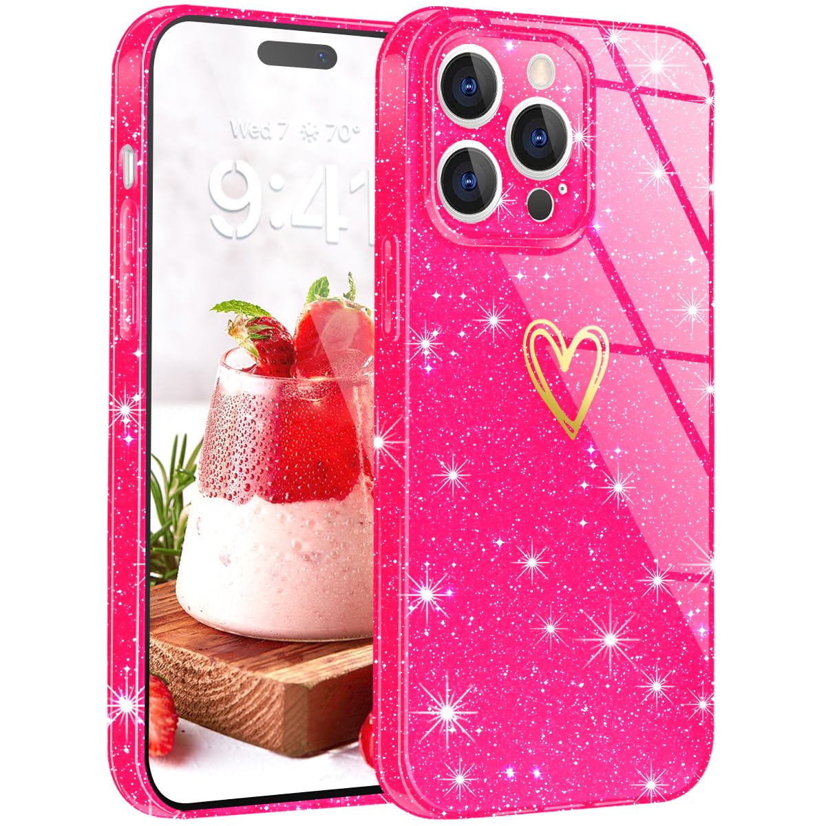 Qviskteme for iPhone 14 Pro Max Case Glitter,Cute Bling Sparkly Slim Phone Case TPU Shockproof Bumper Protective Soft Silicone Cover Anti-Scratch Plating Love Heart for Women Girls (Hot Pink)