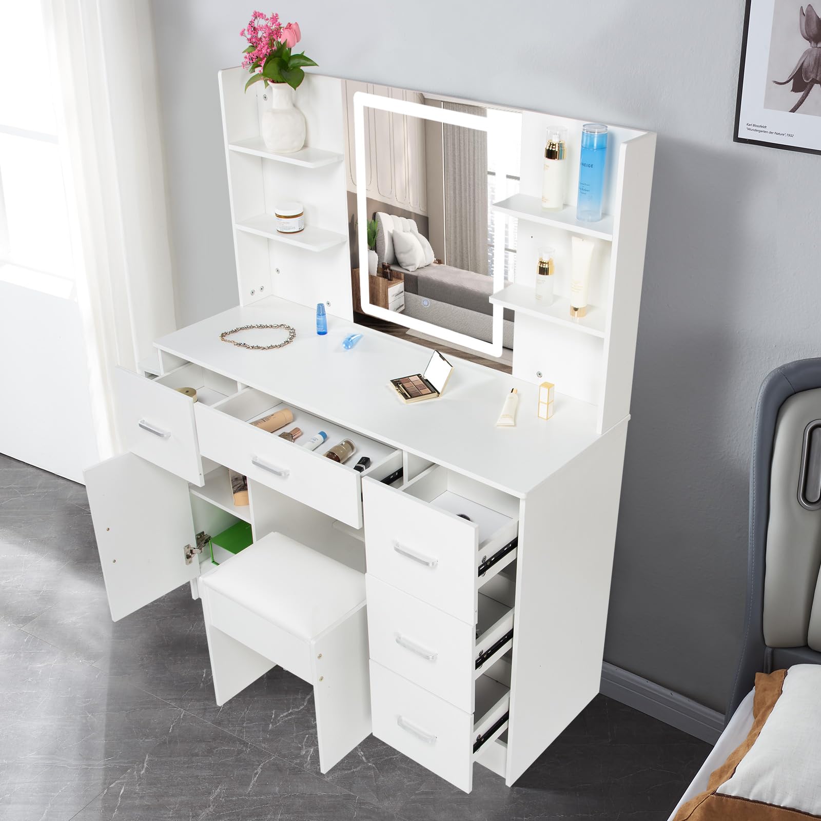 Caulitar Vanity Desk with Mirror and Lights-3 Color and Brightness Adjustable, Vanity Set with Drawers and Chair, White Makeup Vanity Table for Girls
