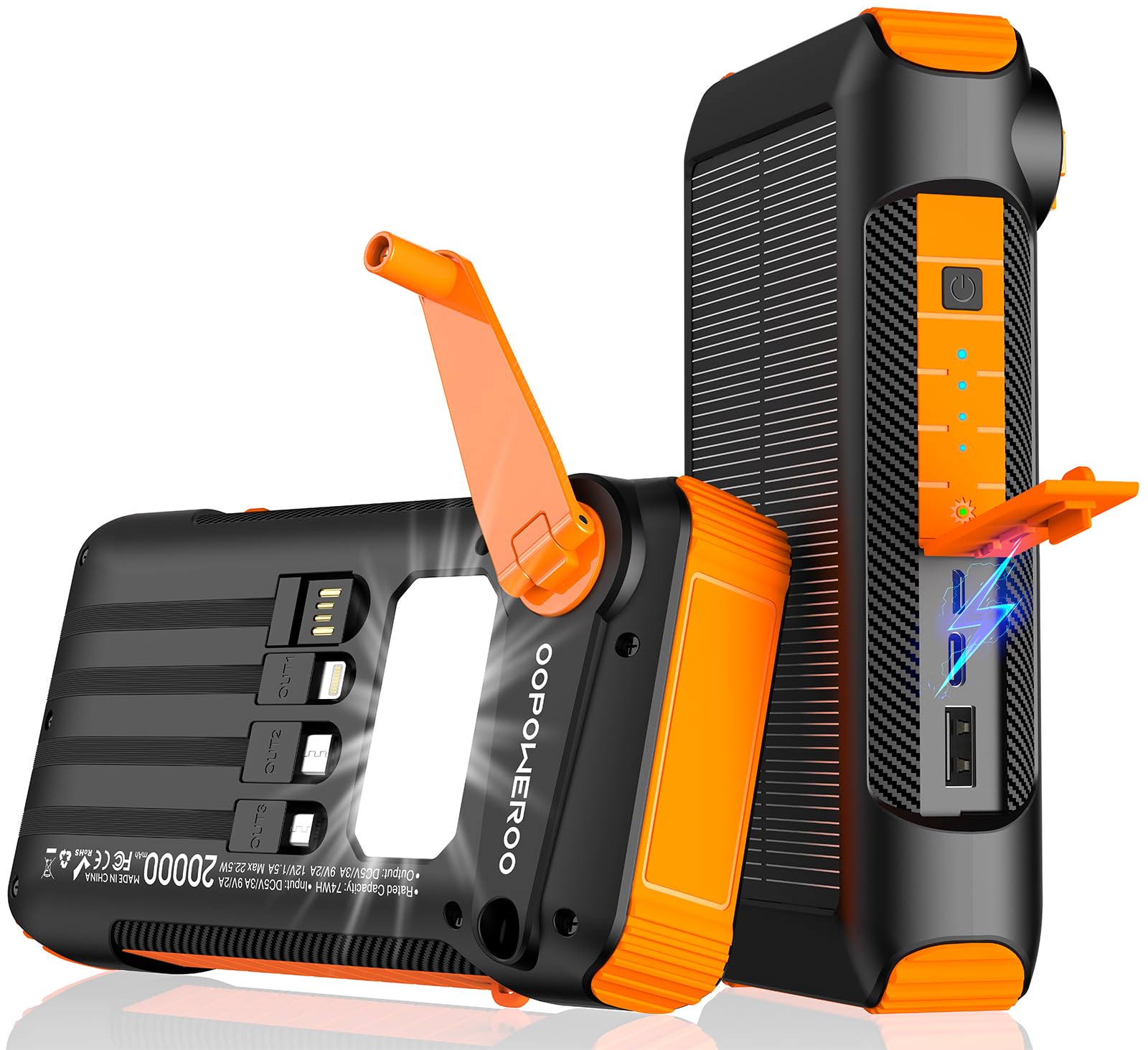 OOPOWEROO Solar Power Bank 20000mAh Built in Hand Crank and 4 Cables 22.5W Fast Charge Power Bank 5 Outputs & 5 Inputs Solar Portable Charger, SOS/Strobe/Strong Flashlights, Carabiner (Orange)