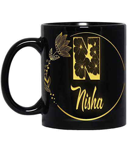 Coffee Mug Personalized Nisha Name & Initial Letter Monogram Floral Alphabet Mug Golden Flowers Custom Black Coffee Cup, Gift for Her Mom Coworker Sister, Wife, Girl 11oz Black Mug 413630