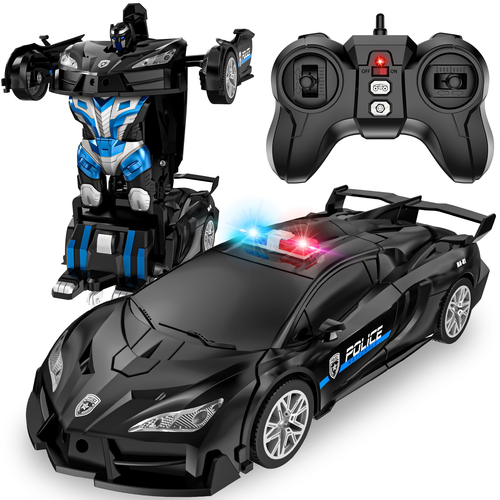 LNNKINE Remote Control Car, Transform Robot RC Cars, 2.4Ghz Transforming Police Car Toy with LED Light, One-Button Deformation and 360Β° Rotating Drifting, Toys for Boys Age 4-7 8-12