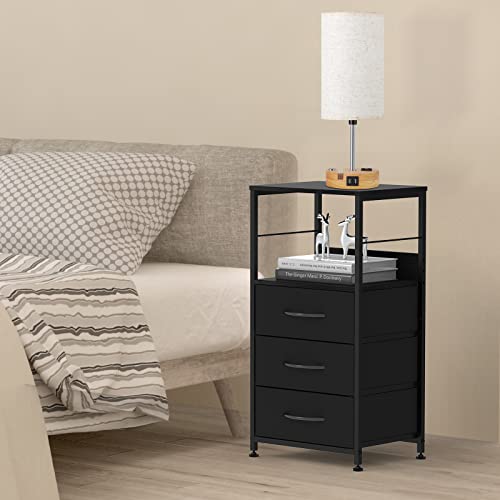 Black Nightstand with Drawer Set of 2, Tall End Table Bedroom Night Stand Side Table with 3 Fabric Drawers Modern Bedside Table with Storage Shelf for Office, Study