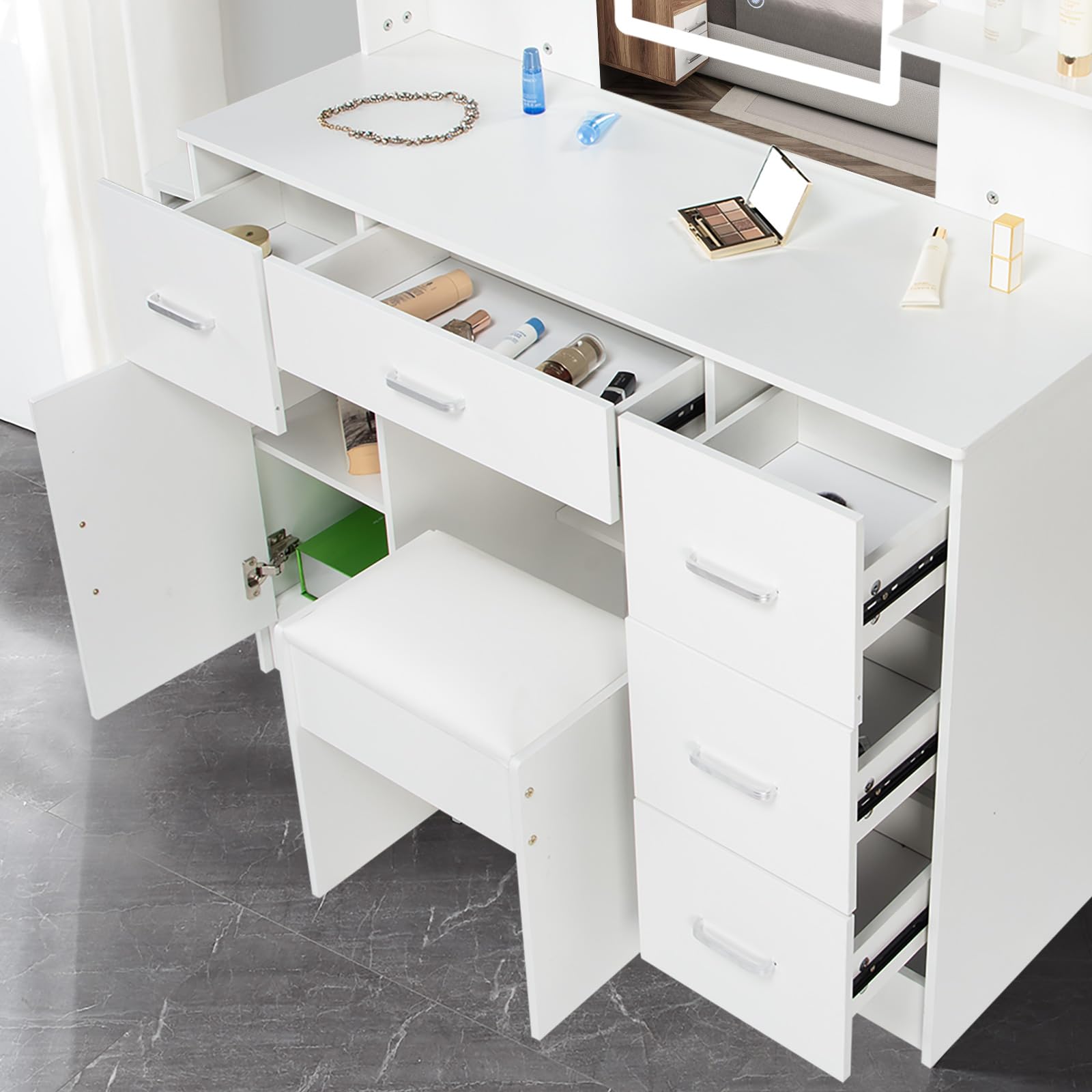 Caulitar Vanity Desk with Mirror and Lights-3 Color and Brightness Adjustable, Vanity Set with Drawers and Chair, White Makeup Vanity Table for Girls