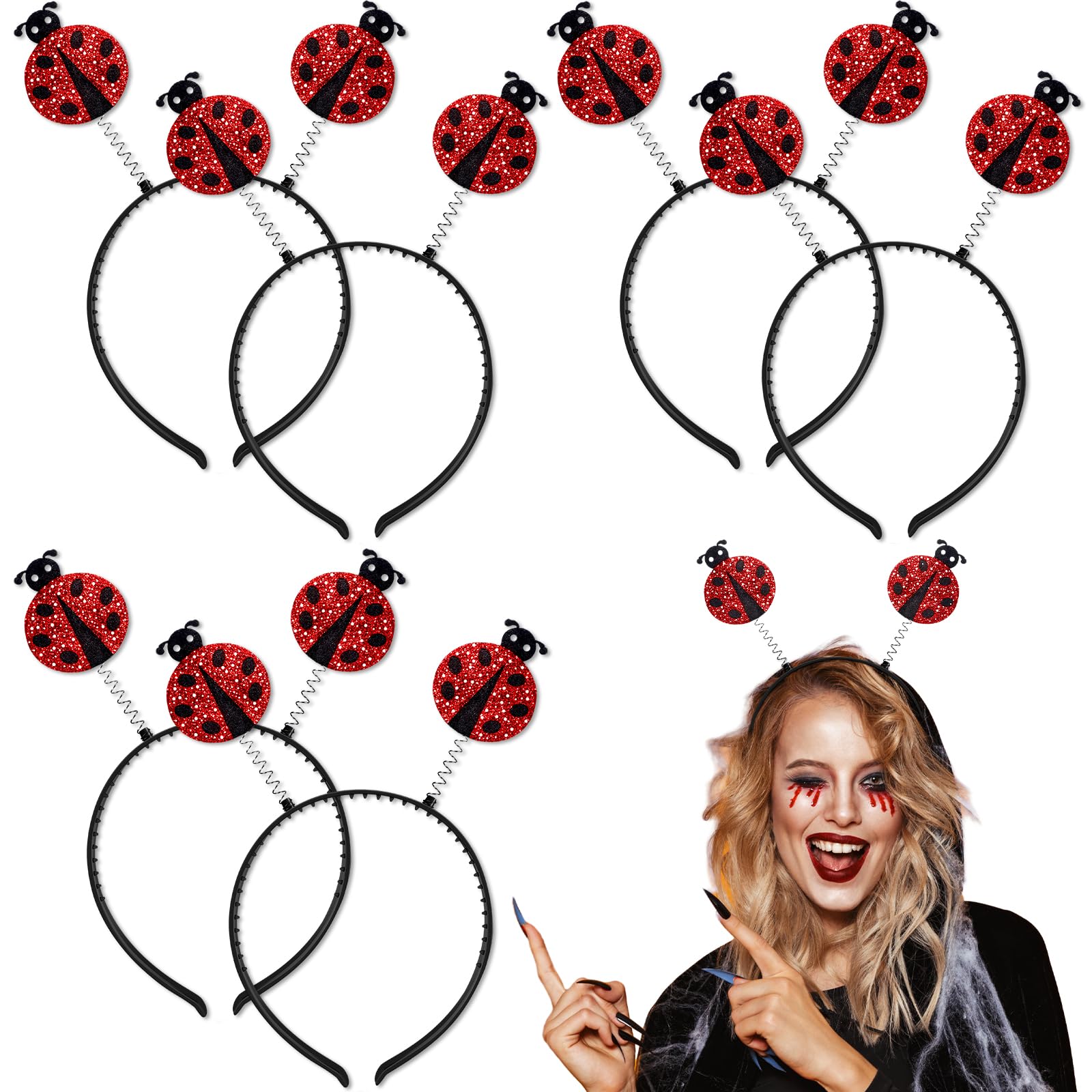 Yunlly 6 Pcs Ladybug Costume Accessories - Sequined Boppers, Red Sequin Head Accessory for Halloween Cosplay Party Favors - Men's and Women's Party Accessories