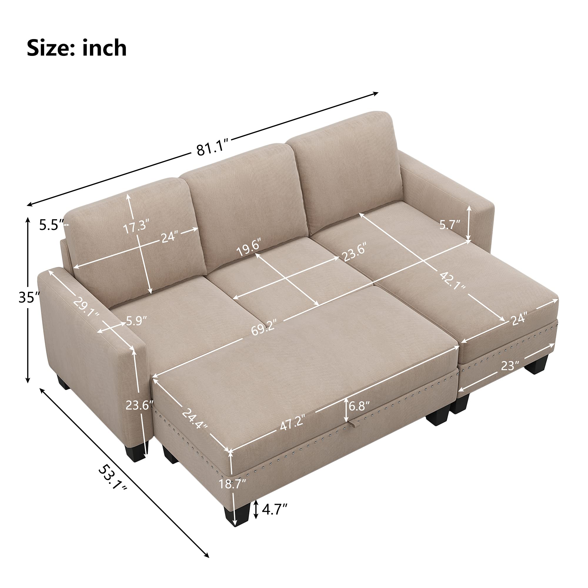 L-Shaped Upholstered Corner Sofa Convertible Sleeper Couch Bed,Modern Textured Fabric Upholstery Sectional Sofa & Couch with Storage Ottoman and Chaise for Home Apartment Living Room Furniture Sets