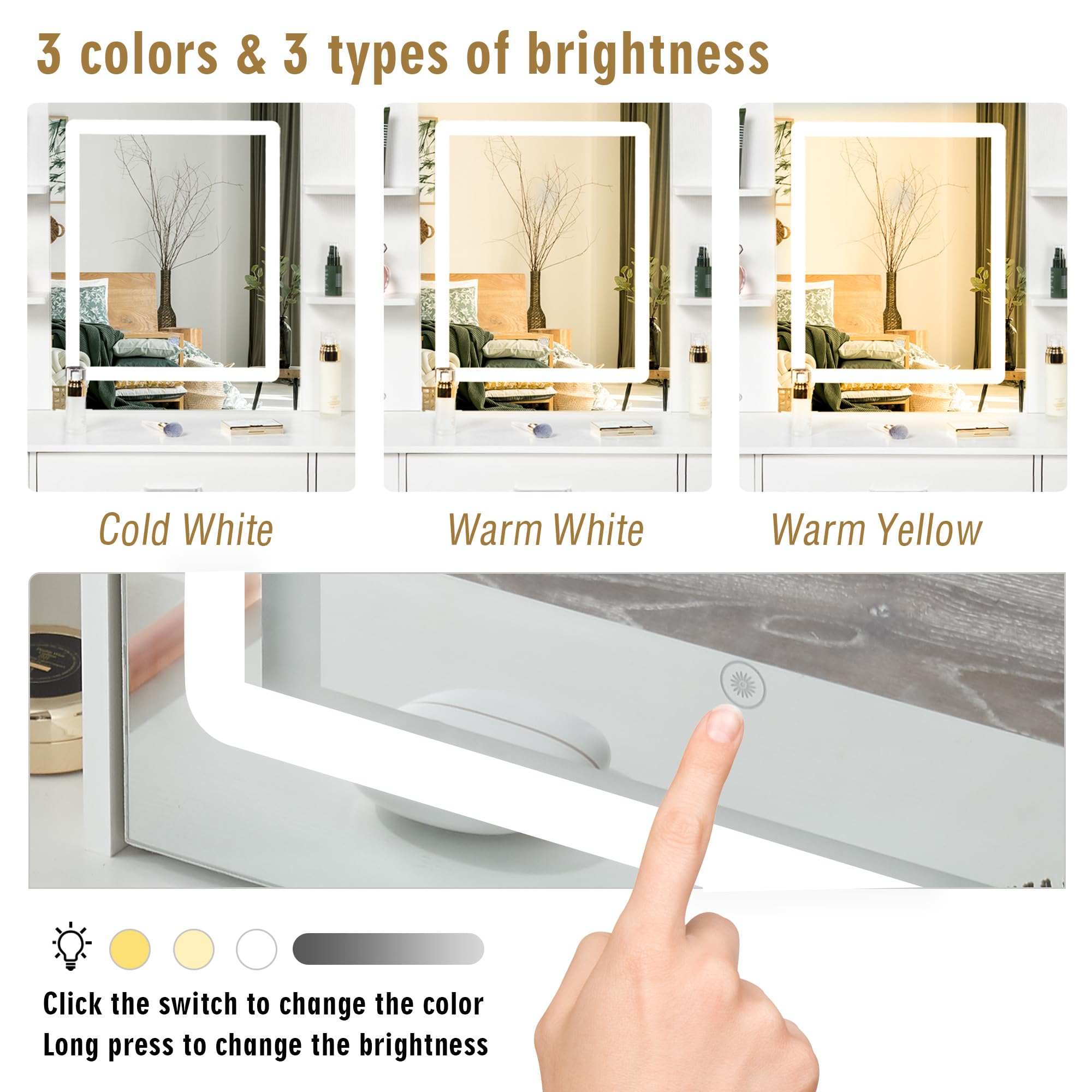 Caulitar Vanity Desk with Mirror and Lights-3 Color and Brightness Adjustable, Vanity Set with Drawers and Chair, White Makeup Vanity Table for Girls