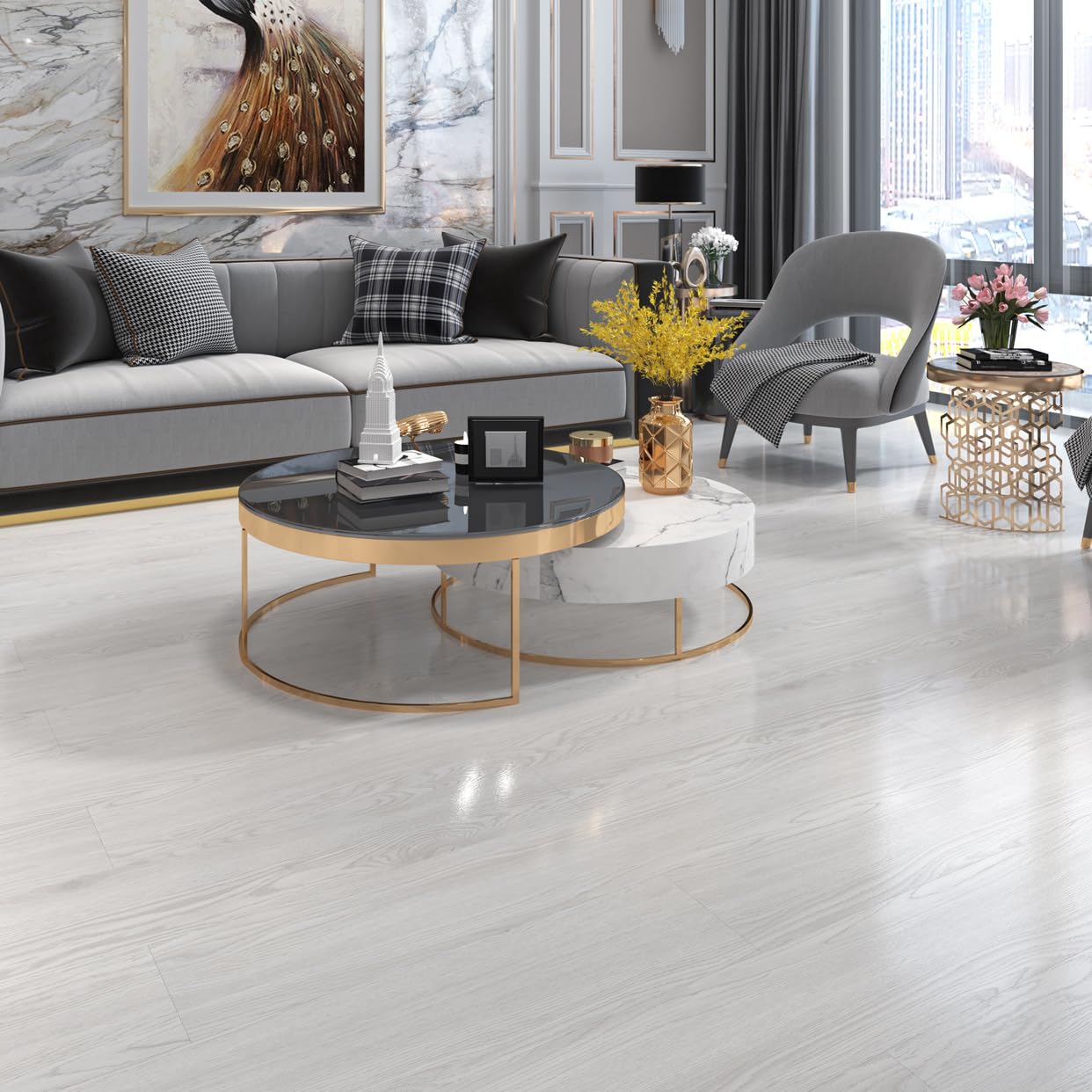 Nefish Luxury Peel and Stick Vinyl Flooring 36Pcs 54 Sq.Ft Wood-Look Floor Tiles Waterproof Easy Cut Easy DIY Self Adhesive Floor Tiles Vinyl