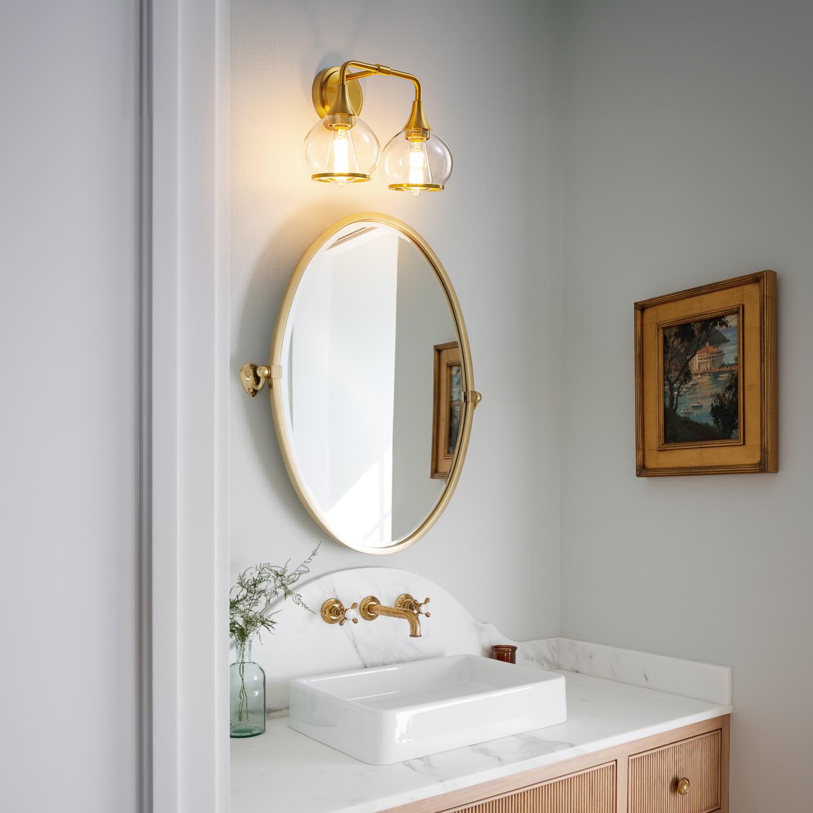 HAHZT Gold Bathroom Light Fixtures 2-Lights Vanity Lights with Clear Glass Shade Bathroom Vanity Light 14 Inch Wall Sconces(Exclude E26 Bulb)…