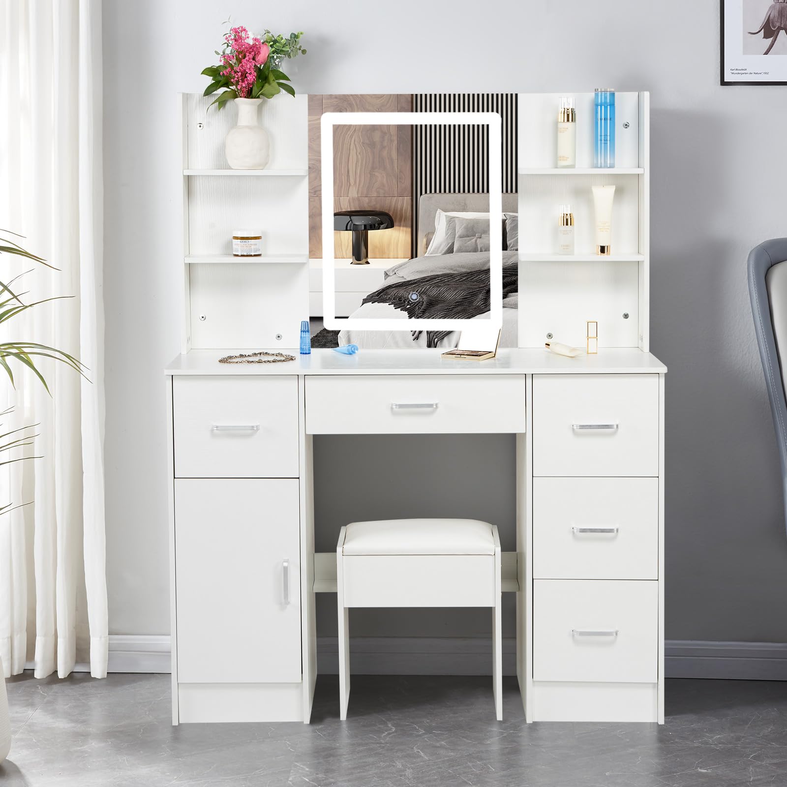 Caulitar Vanity Desk with Mirror and Lights-3 Color and Brightness Adjustable, Vanity Set with Drawers and Chair, White Makeup Vanity Table for Girls