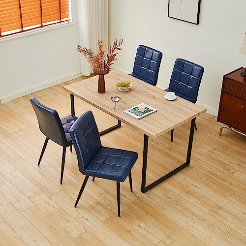 CLIPOP Kitchen Faux Leather Dining Chairs Set of 4, Mid-Century Modern Dining Chair with with Square Grid Design Backrest Heavy Duty Metal Legs, Armless Kitchen Accent Chair for Living Room, Blue