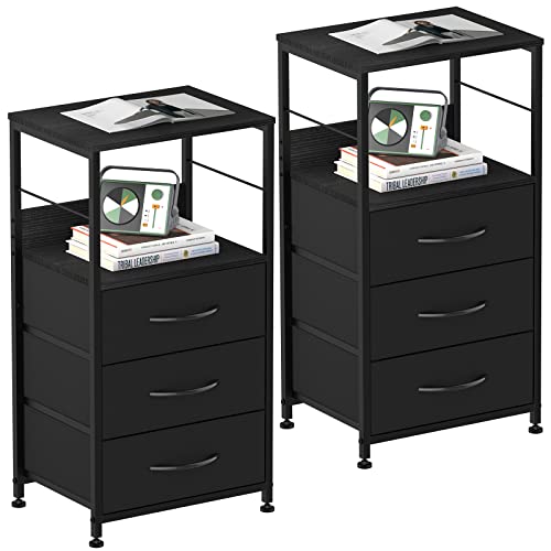 Black Nightstand with Drawer Set of 2, Tall End Table Bedroom Night Stand Side Table with 3 Fabric Drawers Modern Bedside Table with Storage Shelf for Office, Study