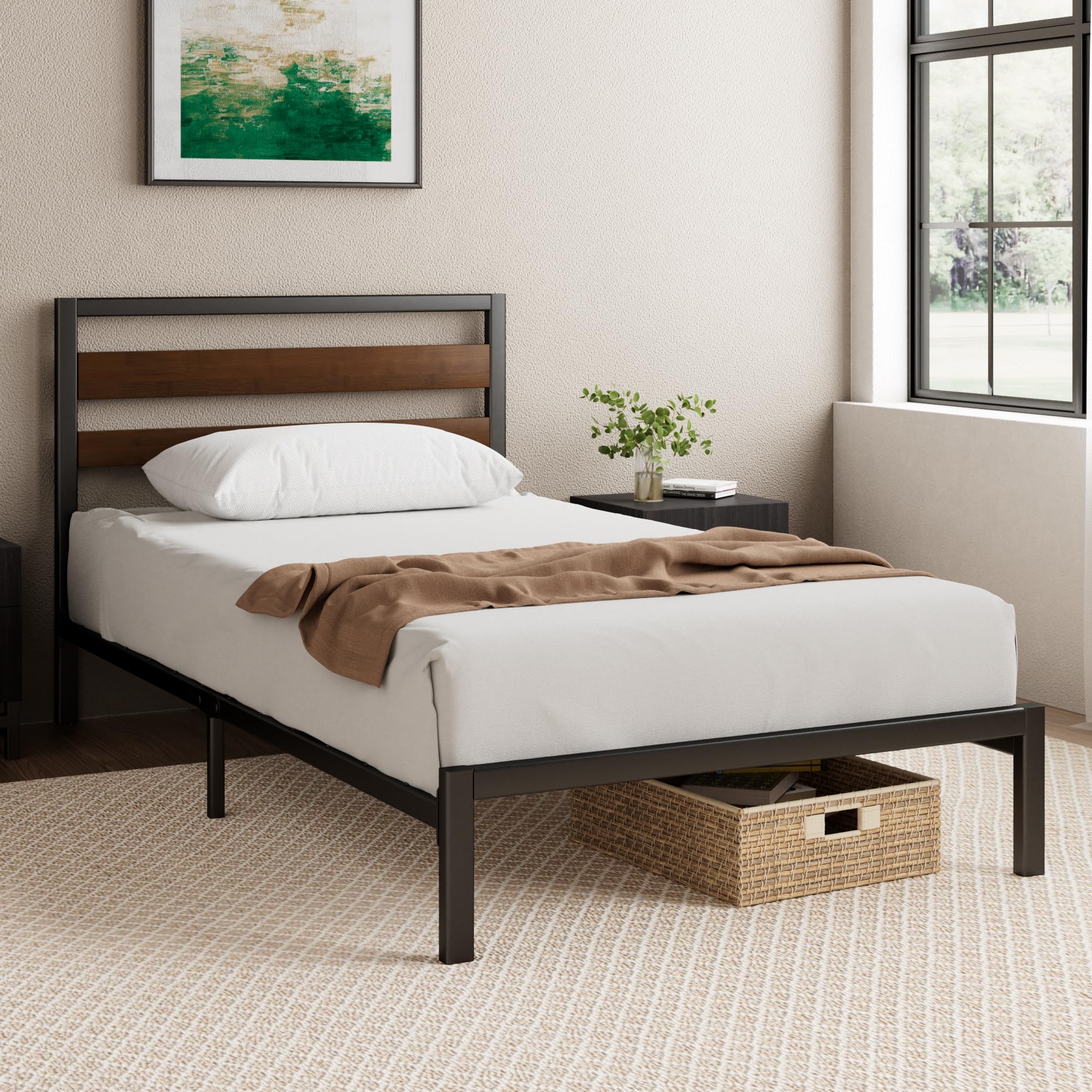 Bundle of Zinus Kai Bamboo and Metal Platform Bed Frame with Headboard / No Box Spring Needed / Easy Assembly, Twin + Zinus Memory Foam 5 Inch Bunk Bed / Trundle Bed / Day Bed / Twin Mattress, Blue