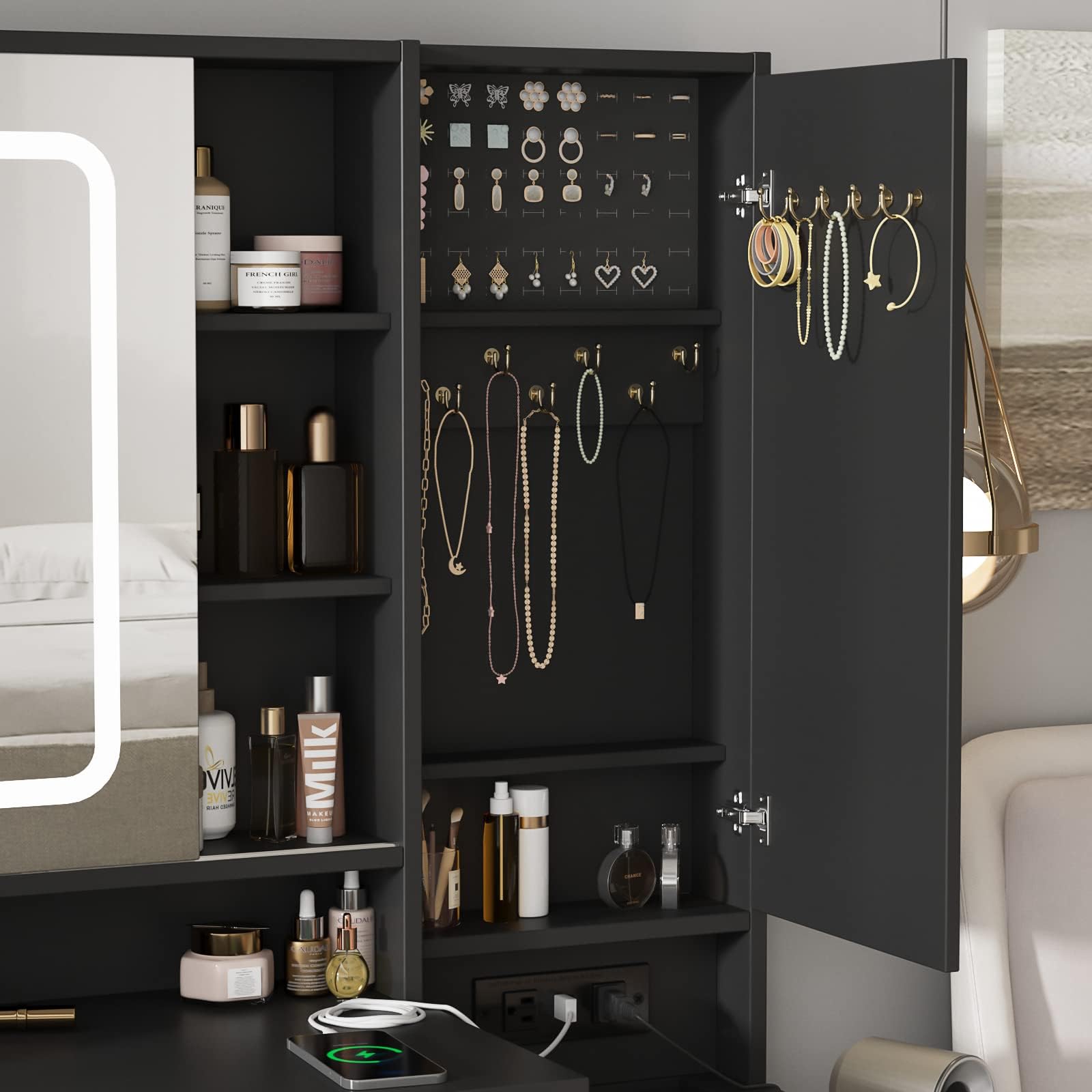 Vabches Vanity Desk with Mirror and Lights, Vanity Table Makeup Vanity with Lights 3 Drawers and Cabinets, Charging Station & Sliding Door, Lots Storage Shelves