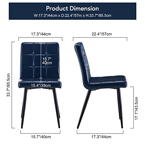 CLIPOP Kitchen Faux Leather Dining Chairs Set of 4, Mid-Century Modern Dining Chair with with Square Grid Design Backrest Heavy Duty Metal Legs, Armless Kitchen Accent Chair for Living Room, Blue
