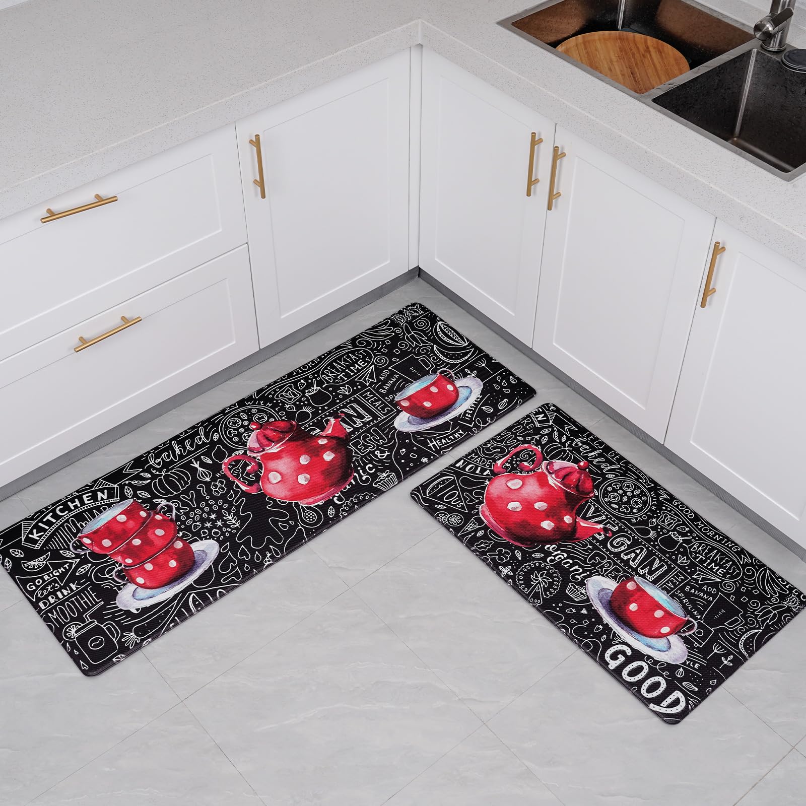 ASPMIZ Coffee Kitchen Mat 2 PCS, Cushioned Anti-Fatigue Kitchen Rugs Non Slip, Memory Foam Kitchen Mats and Rugs, Waterproof Kitchen Floor Comfort Mats for Home & Office, 18'' x 48'' + 18'' x 30''