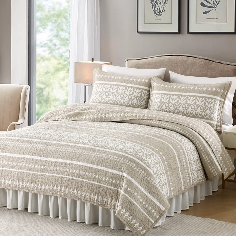 Toldlove Quilts Queen Size - Boho Quilt King 100% Cotton Oatmeal Bedding Set Bohemian Striped Bedspread Lightweight Rversible Comforter Coverlets All Season,Oatmeal/Begie White 3Pcs