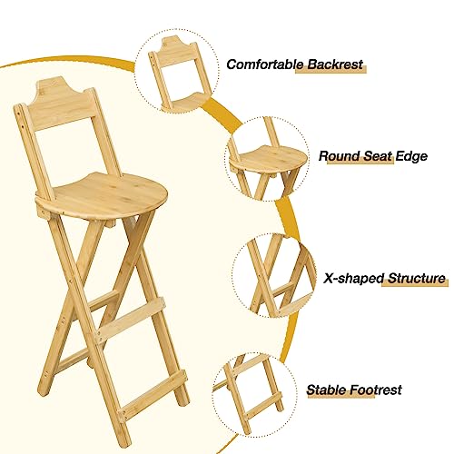 affeivul Folding Bar Stool,Foldable Bar Stools Counter Height,Folding Bamboo Bar Stool with Backrest and Footrest,Collapsible Bar Chairs with Backrest,Portable Folding Stool Tall Bar Stools