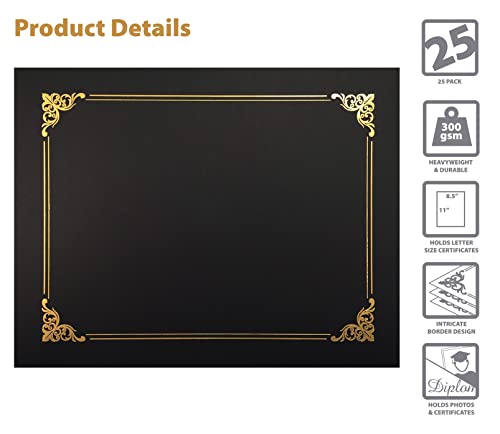 25 Pack Black Certificate Holders, Diploma Holders, Document Covers with Gold Foil Border, by Better Office Products, for Letter Size Paper, 25 Count, Black