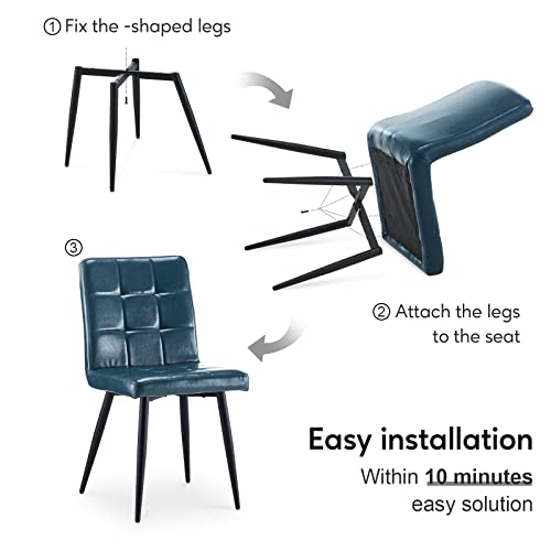 CLIPOP Kitchen Faux Leather Dining Chairs Set of 4, Mid-Century Modern Dining Chair with with Square Grid Design Backrest Heavy Duty Metal Legs, Armless Kitchen Accent Chair for Living Room, Blue