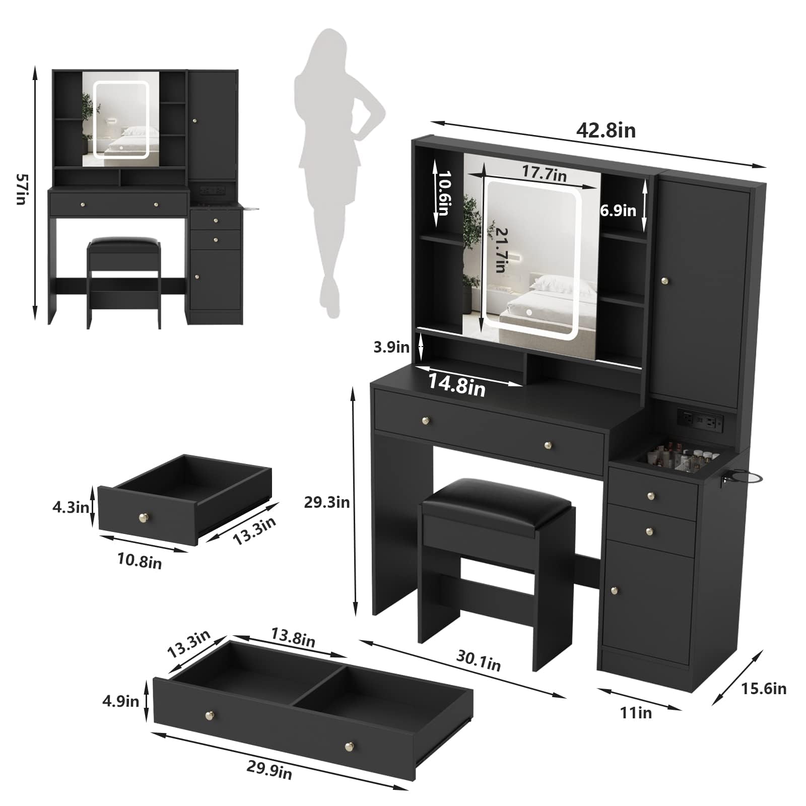 Vabches Vanity Desk with Mirror and Lights, Vanity Table Makeup Vanity with Lights 3 Drawers and Cabinets, Charging Station & Sliding Door, Lots Storage Shelves