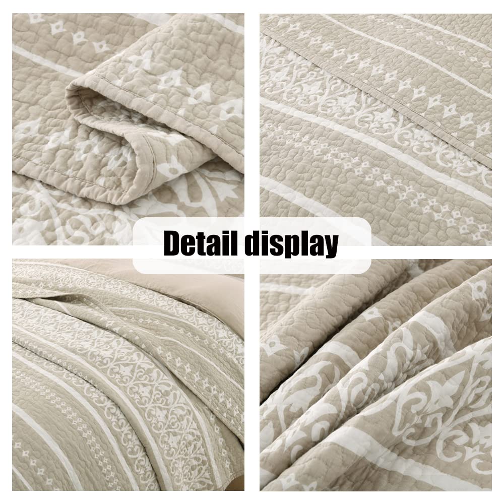 Toldlove Quilts Queen Size - Boho Quilt King 100% Cotton Oatmeal Bedding Set Bohemian Striped Bedspread Lightweight Rversible Comforter Coverlets All Season,Oatmeal/Begie White 3Pcs