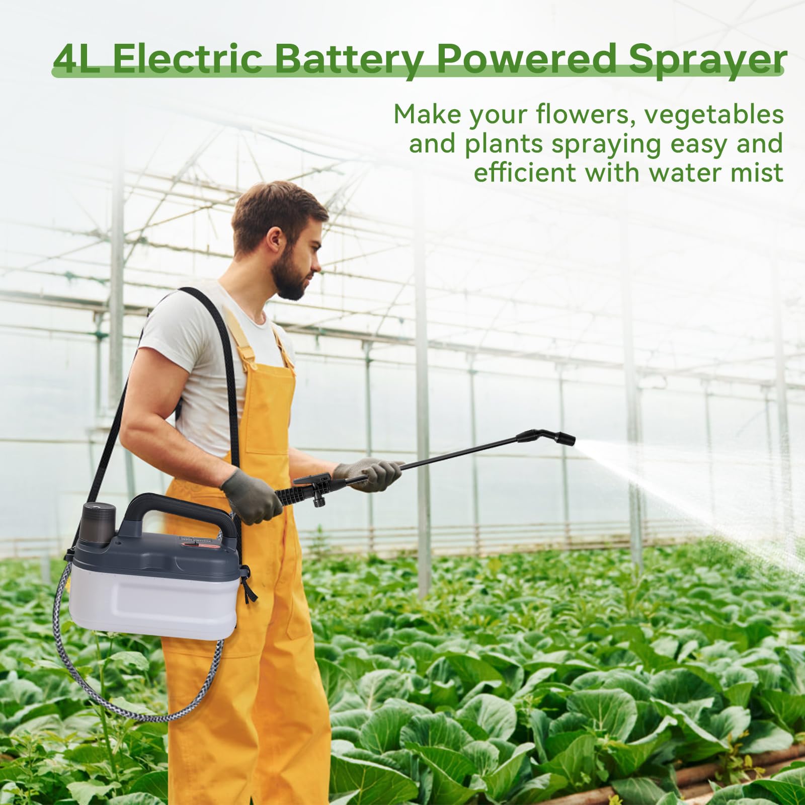 BHeadCat Battery Powered Garden Sprayer 1 Gallon/4L, Electric Pump Sprayer with Lockble Handle and USB Cable, Portable Sprayer with Adjustble Nozzle and Shoulder Strap for Garden Lawn Cleaning