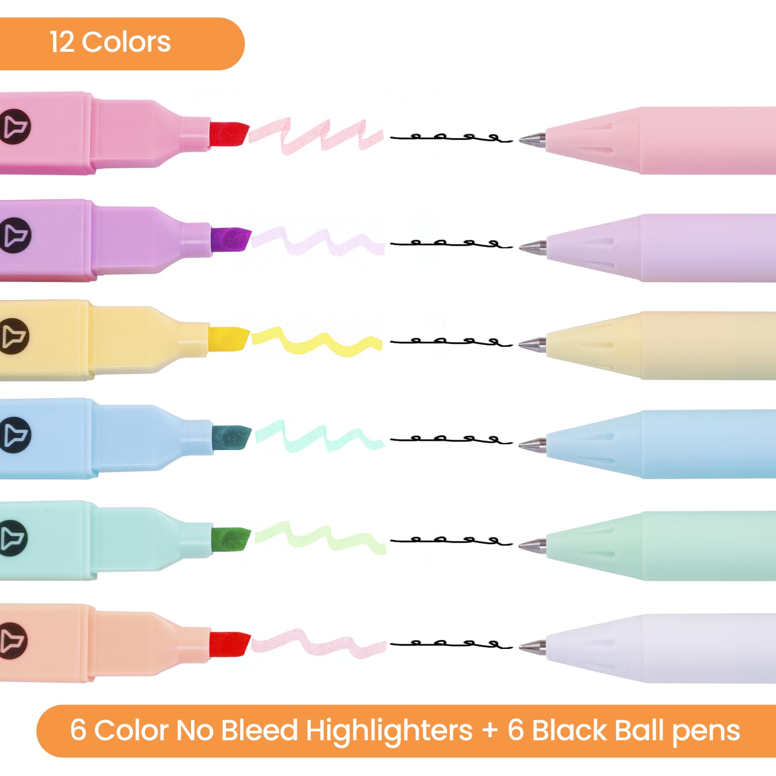 Bible Highlighters and Pens No Bleed, 12 Pcs Pastel Highlighter Set and Ballpens (Black Ink), No Bleed Highlighters for Bibles Study Journaling School Office Supplies, Aesthetic Highlighters
