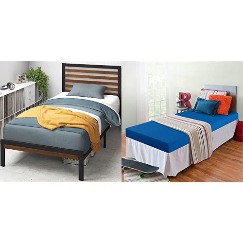 Bundle of Zinus Kai Bamboo and Metal Platform Bed Frame with Headboard / No Box Spring Needed / Easy Assembly, Twin + Zinus Memory Foam 5 Inch Bunk Bed / Trundle Bed / Day Bed / Twin Mattress, Blue