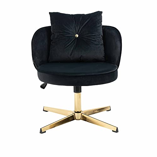 Mcltopz Velvet Office Chair Armless Desk Chair No Wheels, Modern Swivel Cute Vanity Chair with Gold Cross Legs, Ergonomic Mid Back Adjustable Wide Seat Computer Task Chair for Makeup Vanity Home Black