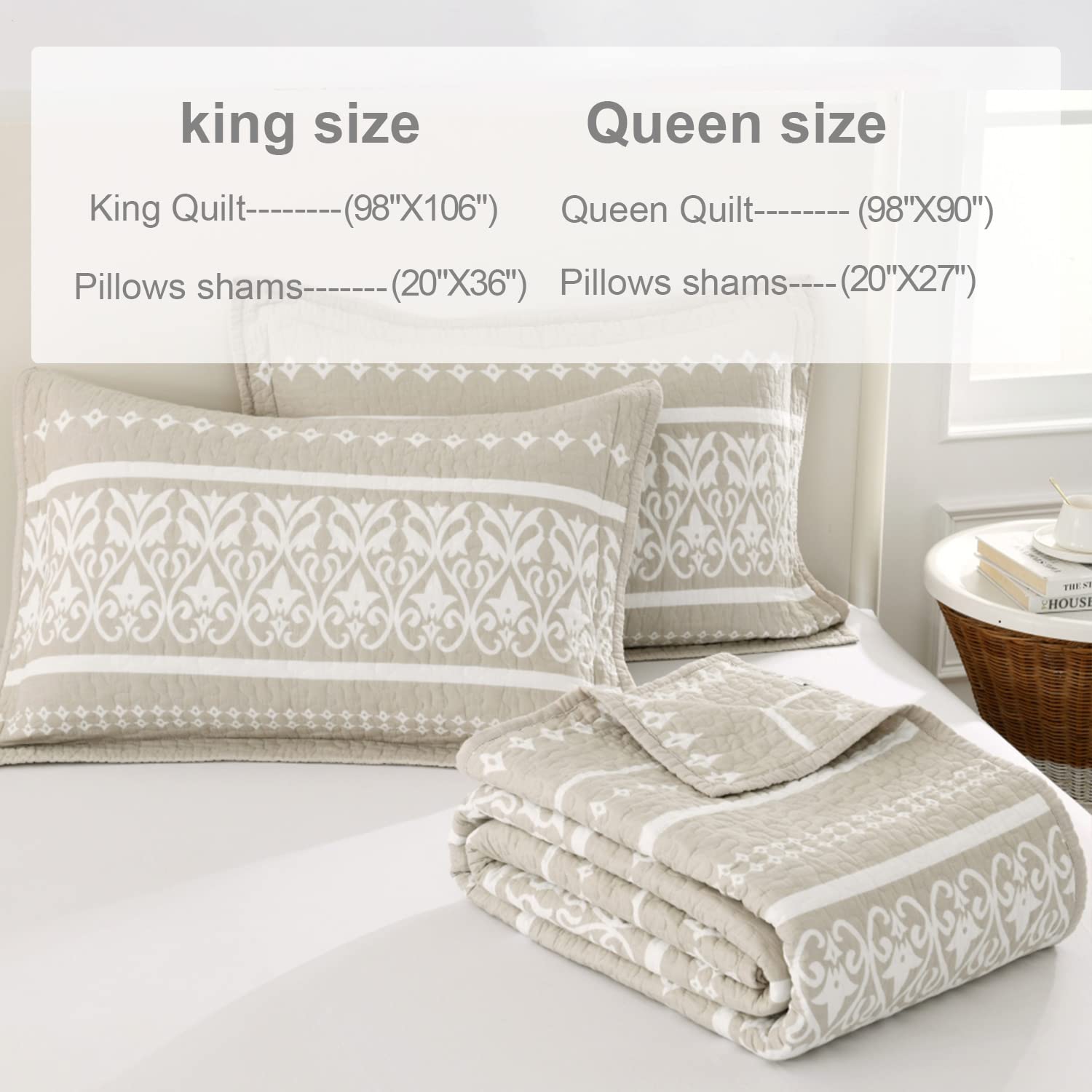 Toldlove Quilts Queen Size - Boho Quilt King 100% Cotton Oatmeal Bedding Set Bohemian Striped Bedspread Lightweight Rversible Comforter Coverlets All Season,Oatmeal/Begie White 3Pcs