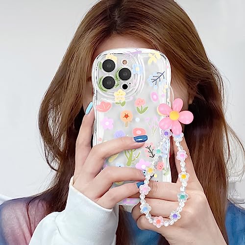 Newseego for iPhone 13 Pro Max Case, Cute Colorful Flower Curly Wave Clear Case with Lovely Flower Bracelet Chain for Women Girls Soft TPU Shockproof Protective Case Cover for iPhone 13 Pro Max