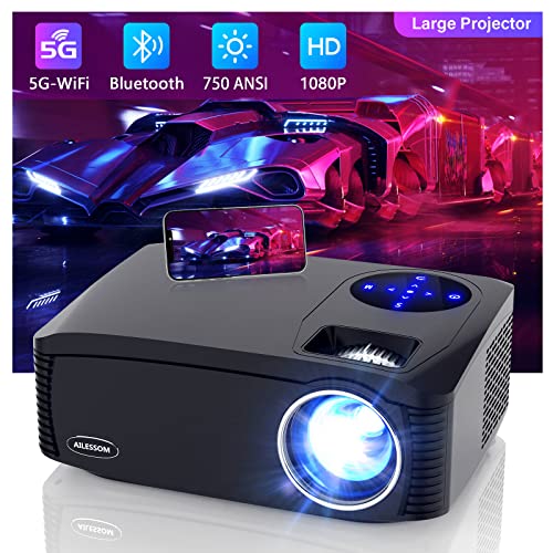 Native 1080P 5G WiFi Bluetooth Projector, AILESSOM 750ANSI 450" Display Support 4K Movie Projector, High Brightness for Home Theater and Business, Compatible with iOS/Android/TV Stick/PS4/HDMI/USB/PPT