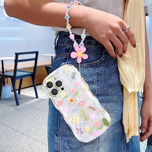 Newseego for iPhone 13 Pro Max Case, Cute Colorful Flower Curly Wave Clear Case with Lovely Flower Bracelet Chain for Women Girls Soft TPU Shockproof Protective Case Cover for iPhone 13 Pro Max