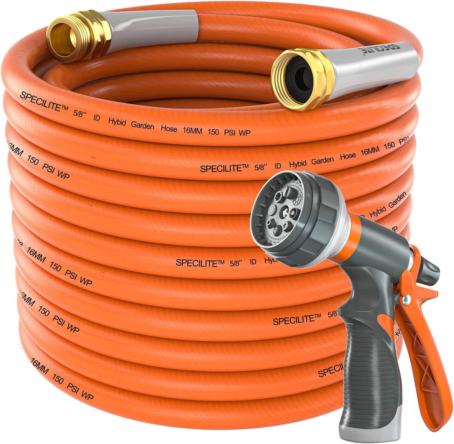 SPECILITE Garden Water Hose 150 ft x 5/8 in Heavy Duty, Flexible and Lightweight, Burst 600 psi, Kink-less Hybrid Rubber Pipe for Backyard, 3/4'' Brass Fittings, Orange