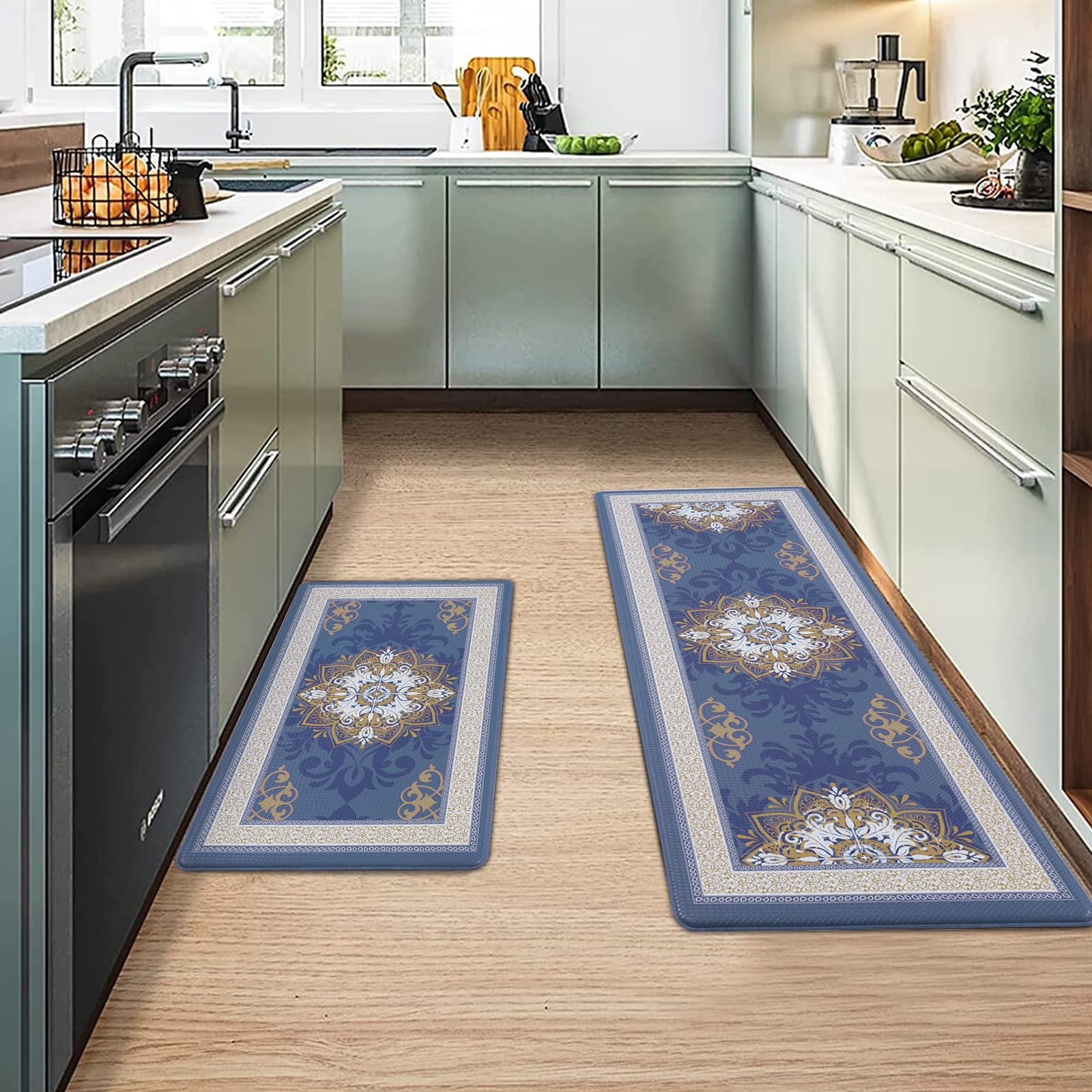 FRAMICS Boho Kitchen Rugs and Mats Sets of 2 Anti-Fatigue Kitchen Mats for Floor Memory Foam Cushioned Non Slip Kitchen Mats PVC Waterproof Kitchen Rugs for Sink Laundry Hallway Standing