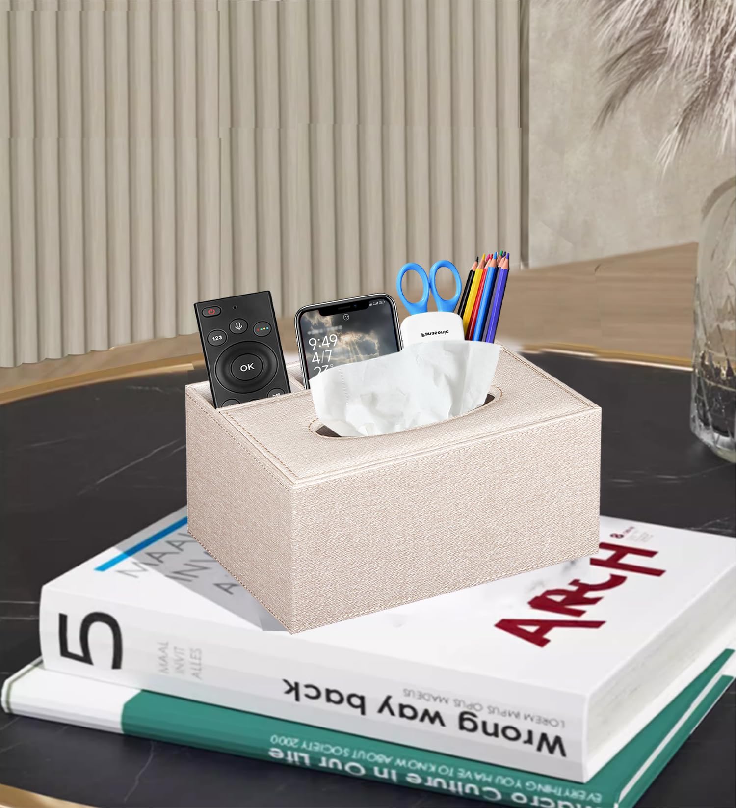 Tissue Box Cover Rectangular, Compatible with Kleenex Box Covers, Multifunctional Facial Tissue Box Holder with Remote Control Holder, Decorative Nighstand Organizer, Tissue Dispenser for Bathroom