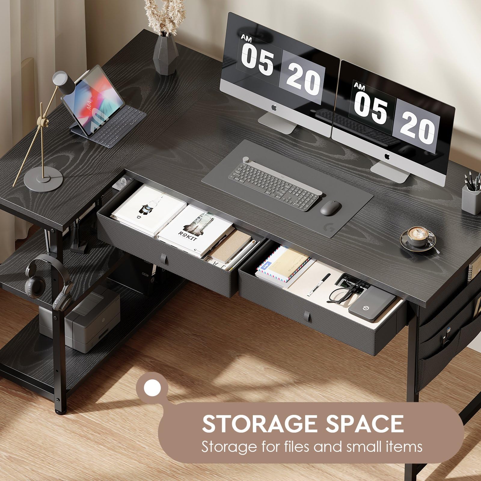 Maihail Maihail Home Office Desk with Drawers and Shelves, 47” Computer Corner Desk for Small Space, Small L Shaped Desk with Side Storage for Bedroom, Black