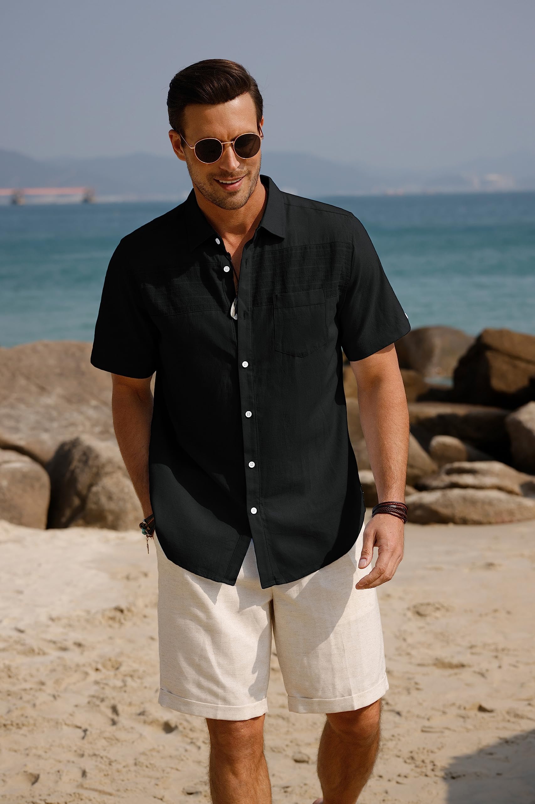 GRACE KARIN Men's Hawaiian Cotton Linen Shirts Casual Button Down Tropical Holiday Beach Shirts Black L