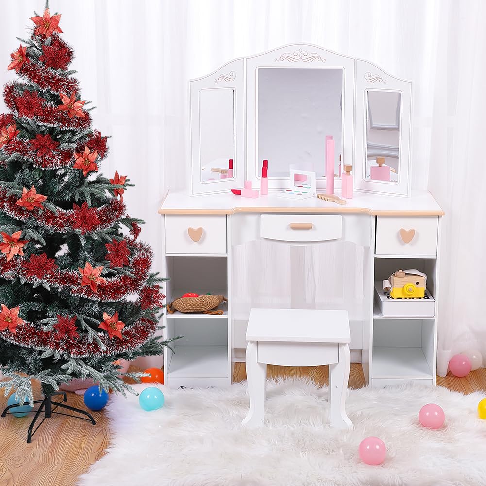EGFheal Kids Vanity Set with Mirror and Drawer - Girls' Vanity Table and Chair Set with Wood Makeup Playset, Perfect for 3-9 Yr, White