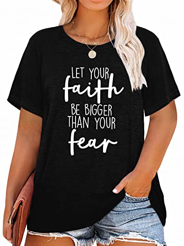 GEMLON Women Plus Size Faith Shirts Funny Inspirational Letter Graphic Tees Vintage Short Sleeve Shirts Casual Crew Neck Tops D-Black
