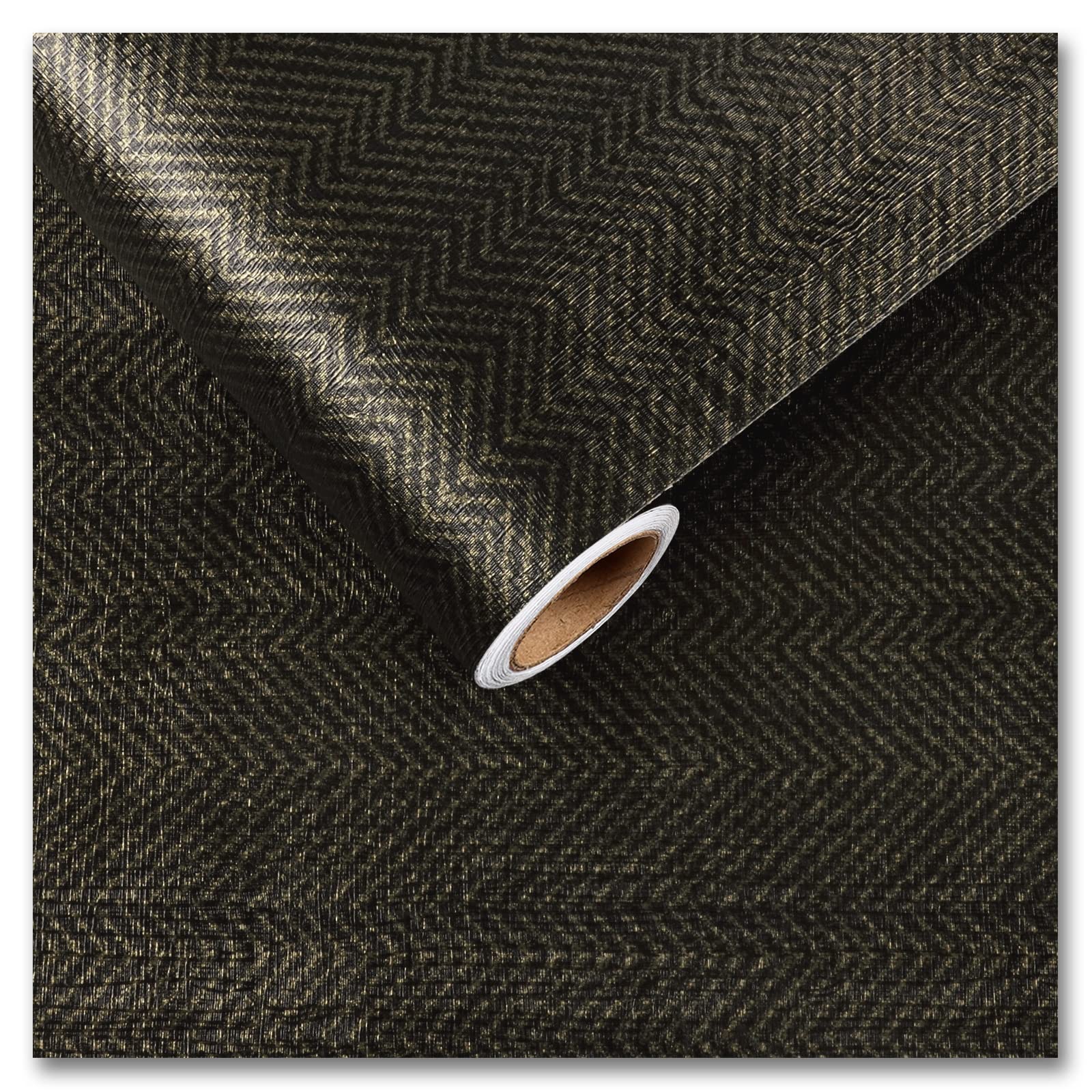CRE8TIVE 24"x118" Black Gold Grasscloth Textured Wallpaper - Stick and Peel Fabric Linen Herringbone Removable Wallpaper - Self Adhesive Metallic Black Contact Paper for Bedroom Cabinets Walls