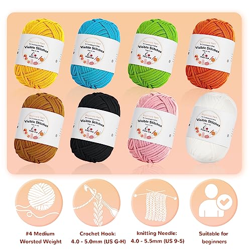 Beginner Yarn for Crocheting and Knitting, Aeelike 350 Yards (4x50g) Soft Cotton-Nylon Blend Easy-to-Use Yarn for Newbie, 26pcs Knitting & Crochet Supplies for Learning to Crochet Animals