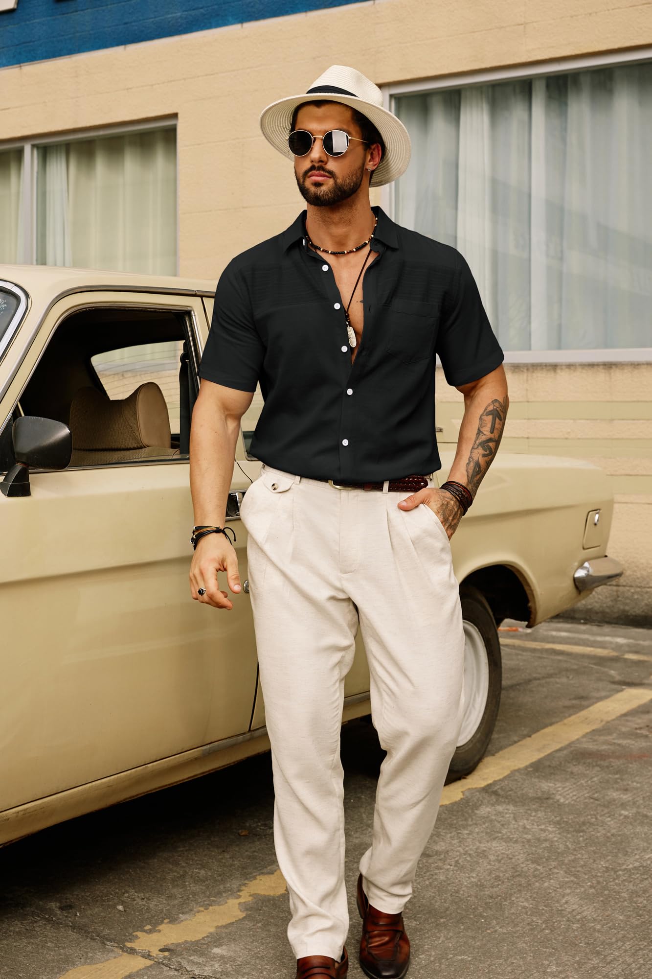 GRACE KARIN Men's Hawaiian Cotton Linen Shirts Casual Button Down Tropical Holiday Beach Shirts Black L