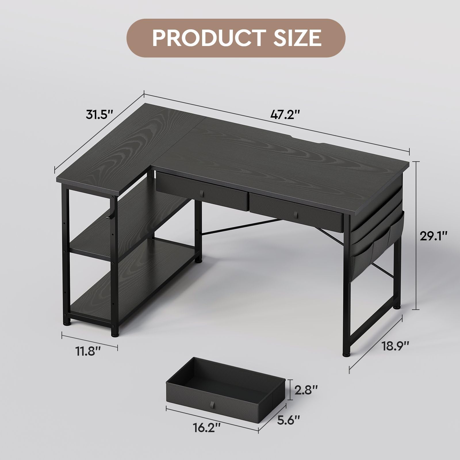 Maihail Maihail Home Office Desk with Drawers and Shelves, 47” Computer Corner Desk for Small Space, Small L Shaped Desk with Side Storage for Bedroom, Black
