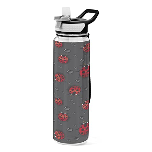 Fustylead Red Ladybugs 32 oz Tritan Water Bottle with Straw, Leakproof and BPA-Free Sport Water Bottle for Fitness, Gym & Outdoor