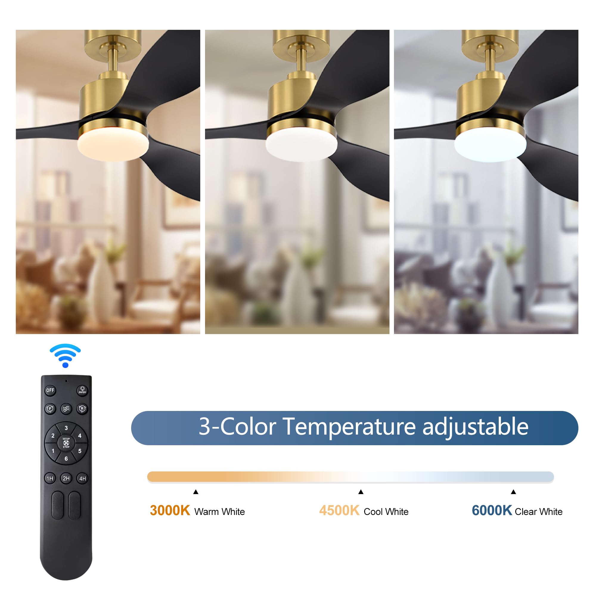 52 Inch Ceiling Fans with LED Light Remote Control, Modern Ceiling Fan with Reversible DC Motor, 3 Blades and 3 Color Temperature, LED Light Chandelier for Bedroom(Gold & Black)