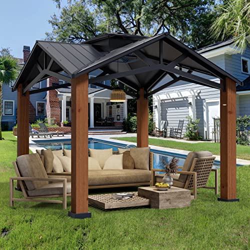 Erinnyees 12' x 12' Octagonal Hardtop Gazebo, Aluminum Frame with Wood Grain Finish, Double-layer Galvanized Steel Roof, Fully Enclosed Sidewall, Easy to Assemble