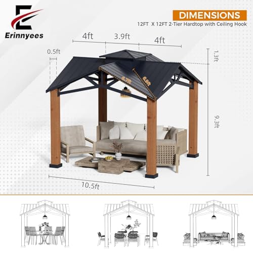 Erinnyees 12' x 12' Octagonal Hardtop Gazebo, Aluminum Frame with Wood Grain Finish, Double-layer Galvanized Steel Roof, Fully Enclosed Sidewall, Easy to Assemble