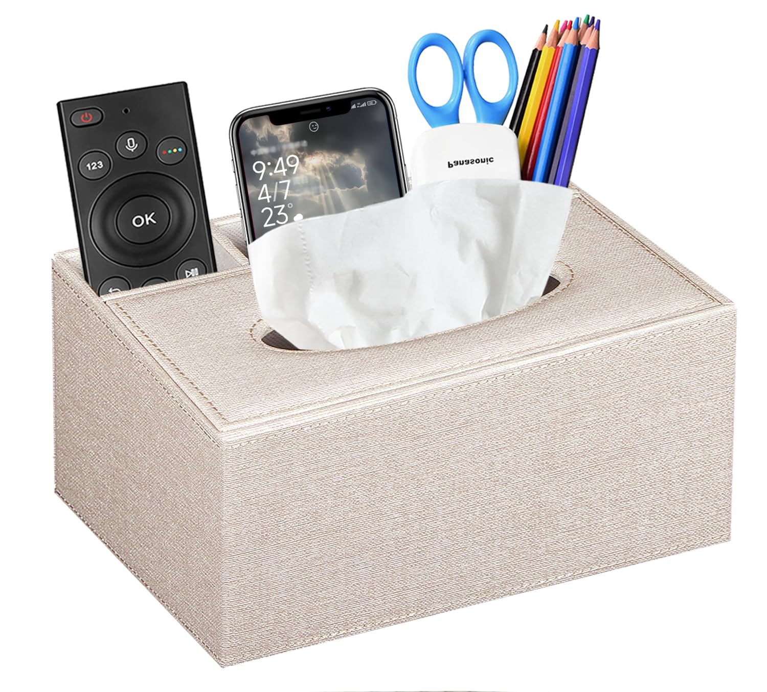 Tissue Box Cover Rectangular, Compatible with Kleenex Box Covers, Multifunctional Facial Tissue Box Holder with Remote Control Holder, Decorative Nighstand Organizer, Tissue Dispenser for Bathroom